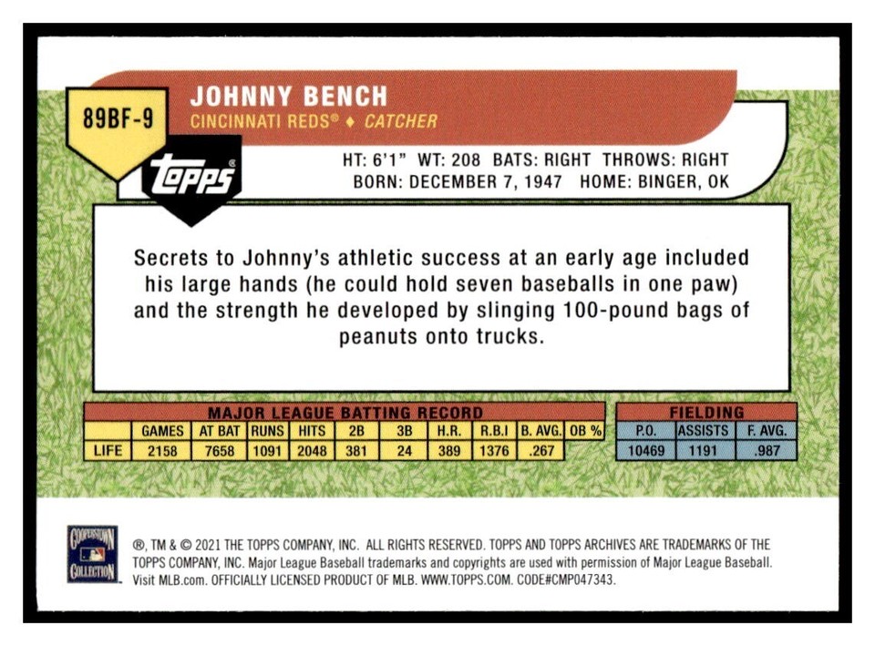 2021 Topps Archives 1989 Big insert 9 Johnny Bench Cincinnati Reds MLB ...
