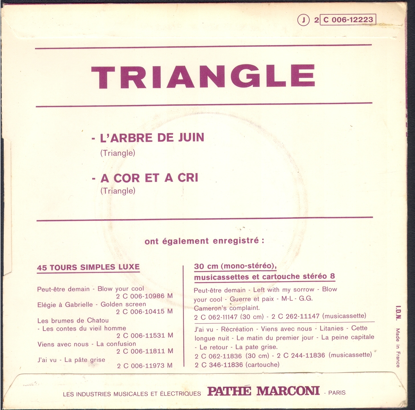 TRIANGLE FRENCH GROUP 70s SP 45T 2 titres 1972 L’arbre de juin / A cor ...