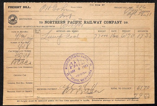 Northern Pacific Railway 1911 Freight Bill for 77,000 lbs. of Lump Coal ...