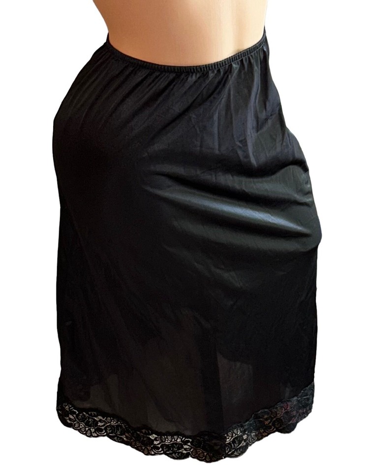 Wonder Maid Non-Cling Black Silky Shiny Lace Trim Nylon Half Slip ...