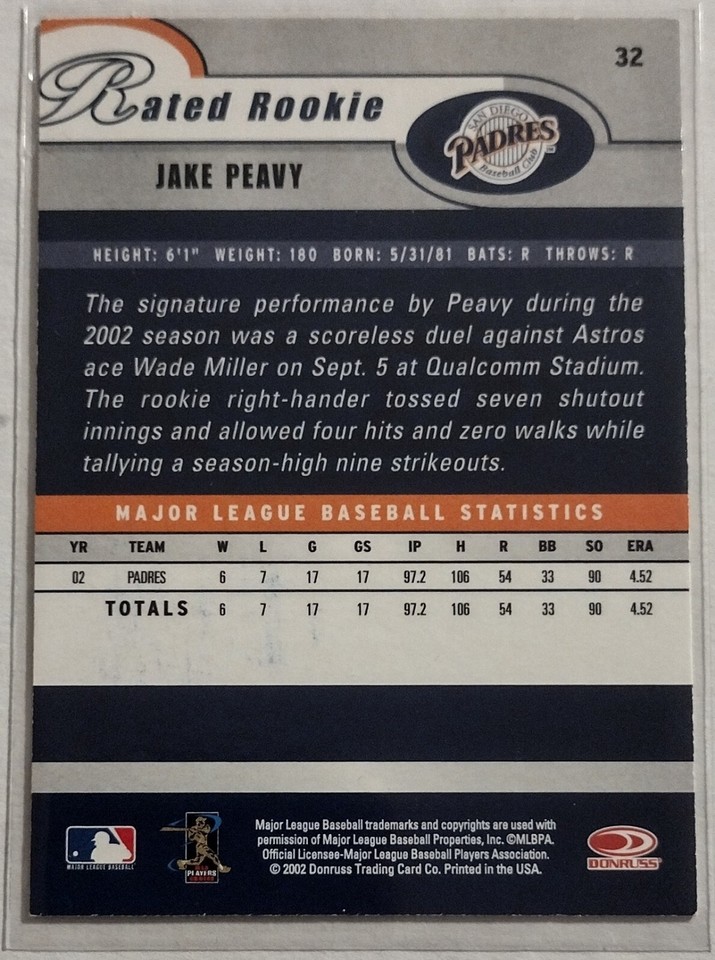 2003 Donruss #32 Jake Peavy Rated Rookie Autograph Padres | eBay