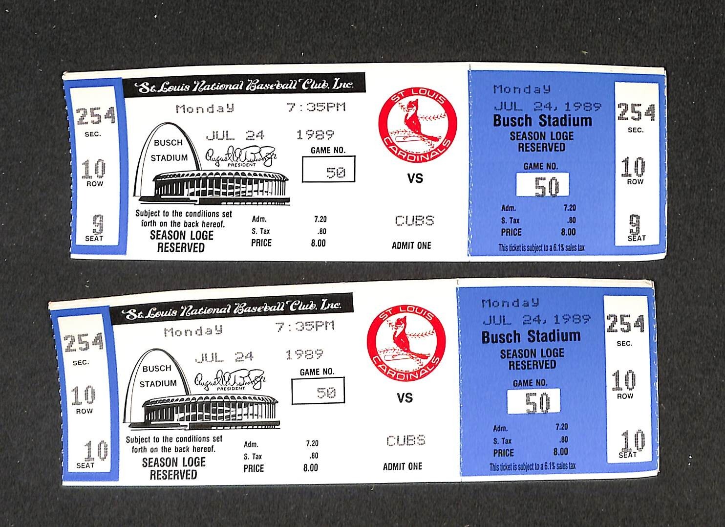 JULY 24, 1989 CHICAGO CUBS @ ST. LOUIS CARDINALS TWO (2) FULL TICKETS ...