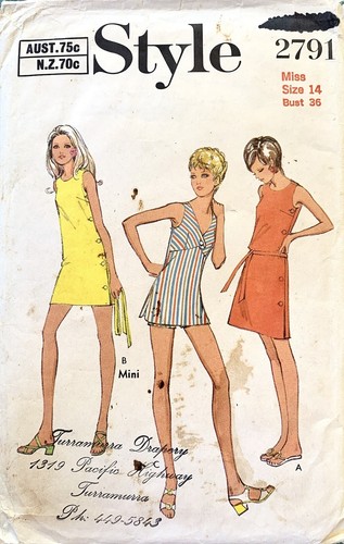STYLE 2791 1960s Button Dress & Panties Sewing Pattern. Size 14 - Bust ...