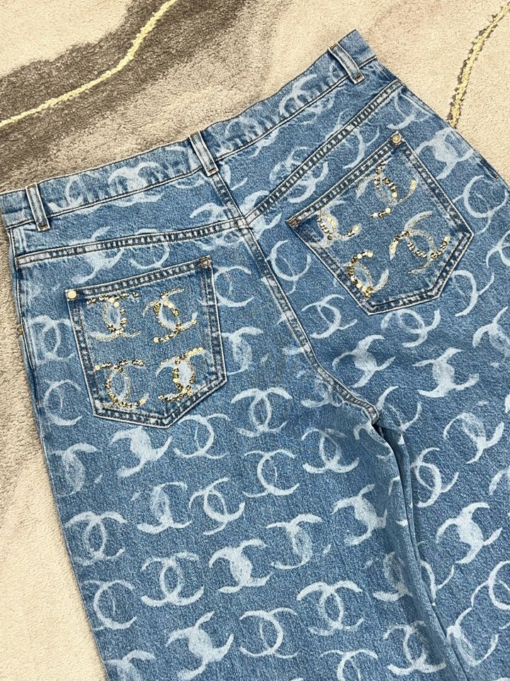 Chanel 23B Runway Light Blue Denim White CC Print Logo Baggy Oversized ...