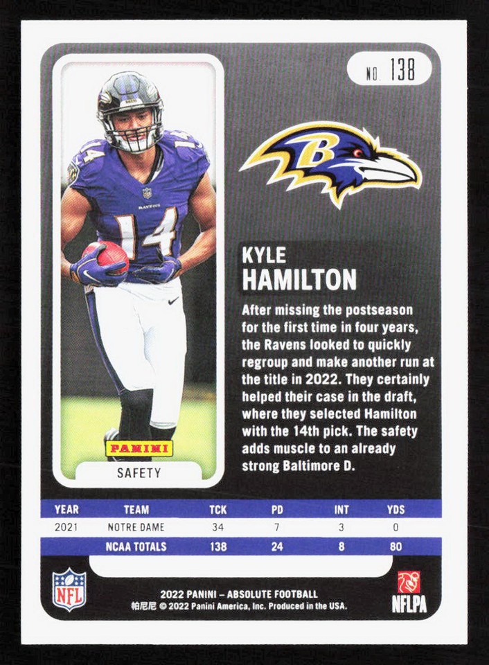 2022 Panini Absolute Kyle Hamilton Rookie Card #138 Baltimore Ravens | eBay
