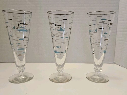 Libbey Aqua & Silver Atomic Fish Pilsner Beer Glasses Footed Set of 3 ...