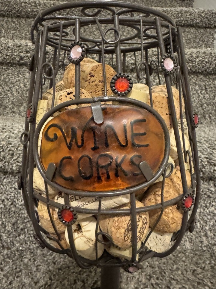 Metal Wine Glass Cork Holder Decor Wire Cage w/ Corks Gems Rustic ...