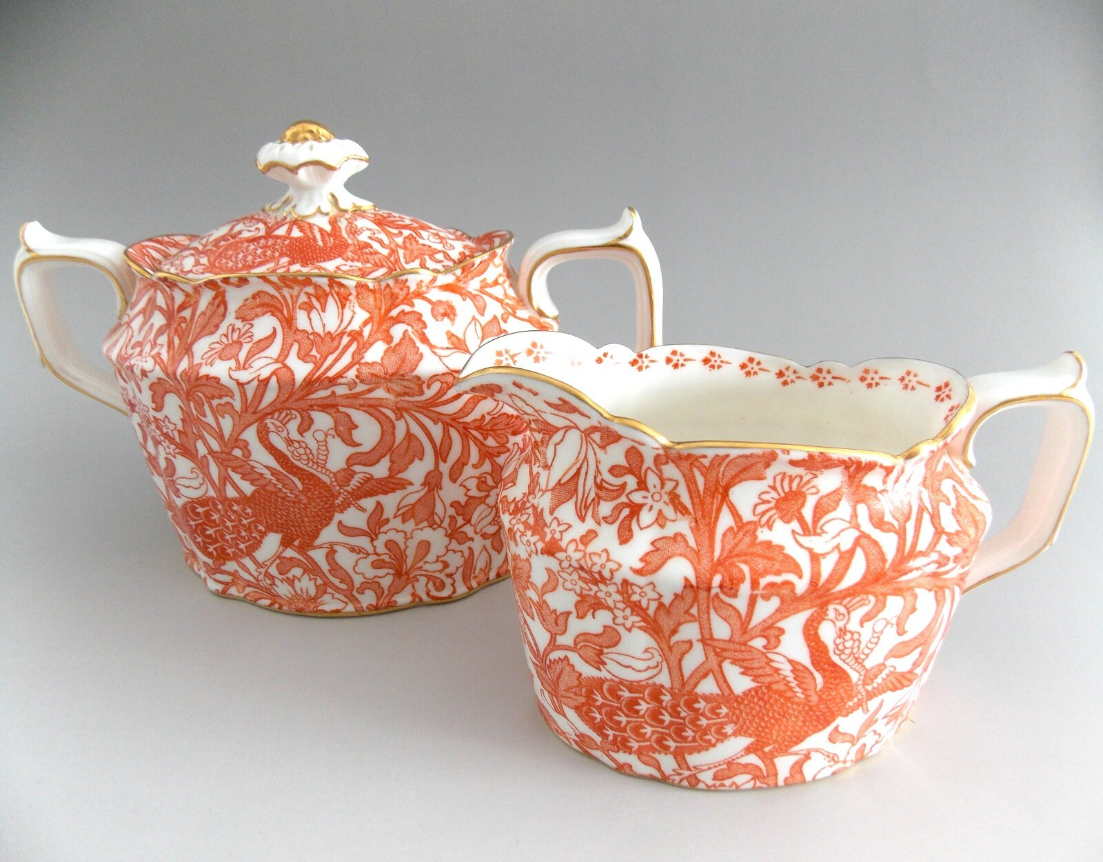 ROYAL CROWN DERBY "RED PEACOCK" TEAPOT, SUGAR, CREAMER SET VINE ...