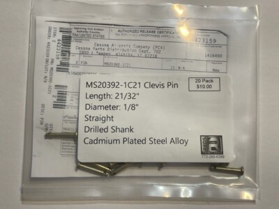 MS20392-1C21 Clevis Pin w/8130 20/pk New Surplus | United States Warranty