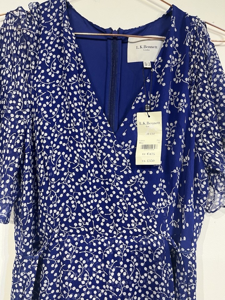 NEW L.K.BENNETT FLORAL DR ELIF PRINT DRESS SIZE UK 12 US 8 BLUE WHITE ...