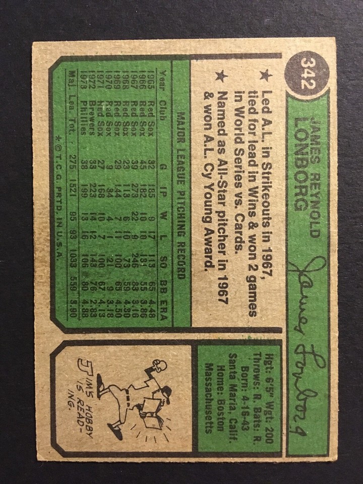 Jim Lonborg Phillies Signed 1974 Topps Baseball Card #342 Auto ...