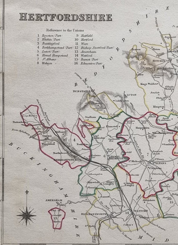 1844 HAND COLOURED COUNTY MAP HERTFORDSHIRE HITCHIN STEVENAGE HODDESDON ...