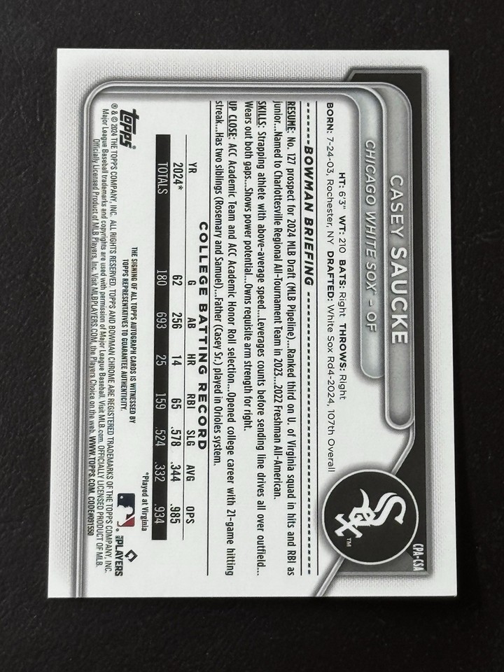 Casey Saucke 2024 Bowman Draft Chrome 1st Auto #CPA-CSA White Sox ...