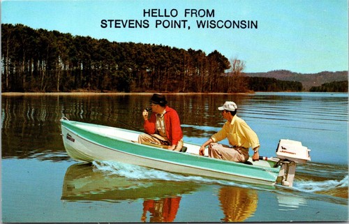 Hello from Stevens Point Wisconsin WI Men Fishing Boat Lake Postcard | eBay