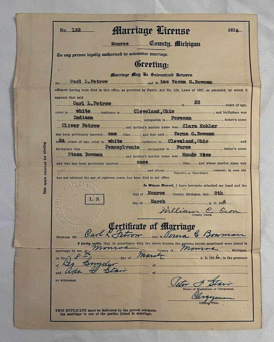 Blank Copy Of Marriage Certificate Michigan