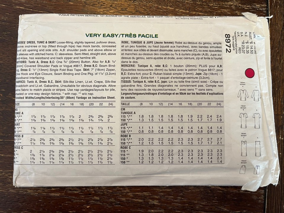 Vogue 8972 UNCUT Sewing Pattern, Misses' Dress, Tunic & Skirt, Size 8 ...