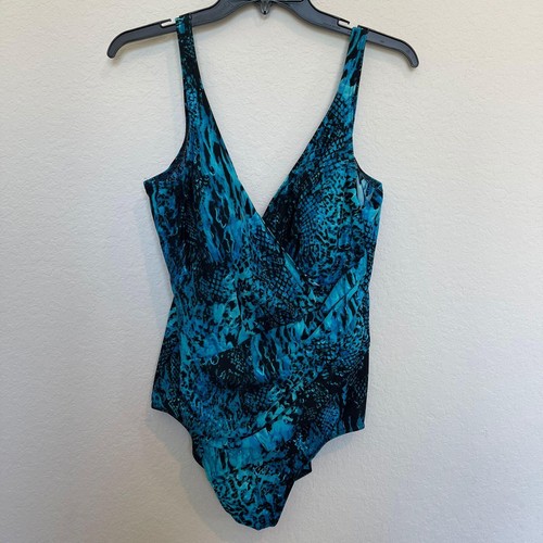 Miraclesuit Swimsuit One Piece Tummy Control Blue Black Print Size 18 ...