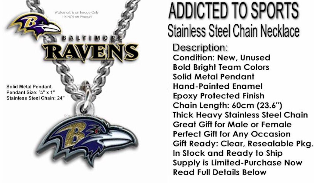 Baltimore Ravens NFL Necklace 24" Stainless Steel Chain ¾" x 1" Metal ...
