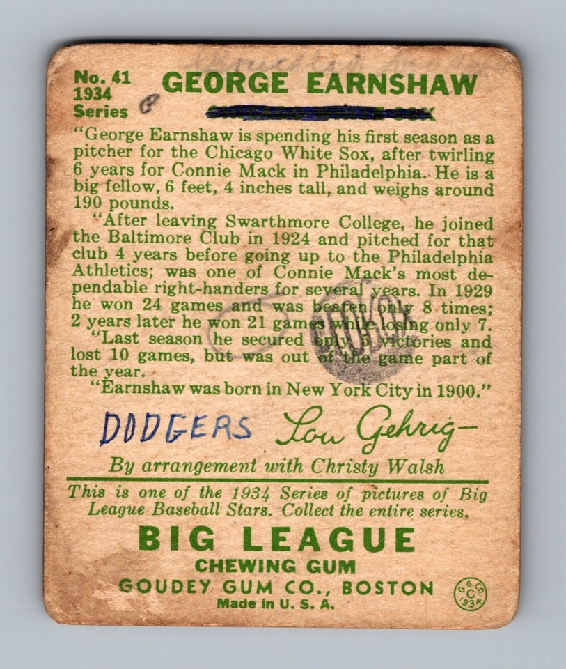 1934 Goudey #41 George Earnshaw LOW GRADE Baseball Card | eBay