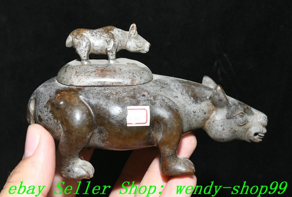 5" Old Han Dynasty Natural Hetian Jade Carve Ox Niu Bull Oxen Jar Pot ...