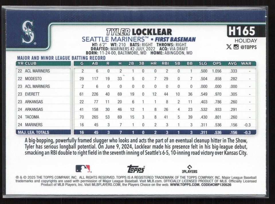 2025 Topps Holiday #H165 Tyler Locklear | eBay
