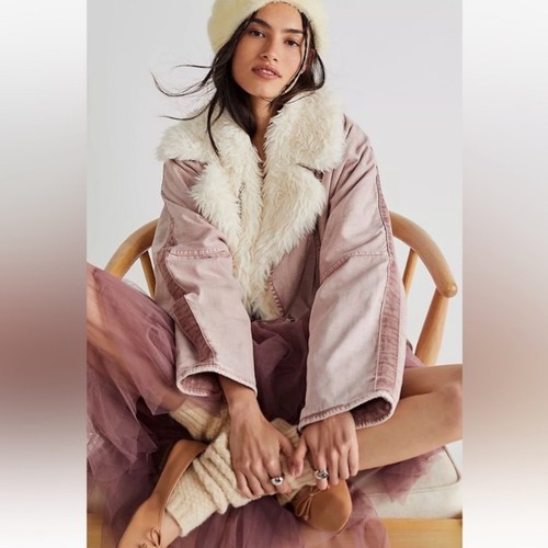 New! Free People lolo pink fur collar denim jacket nbnn | eBay