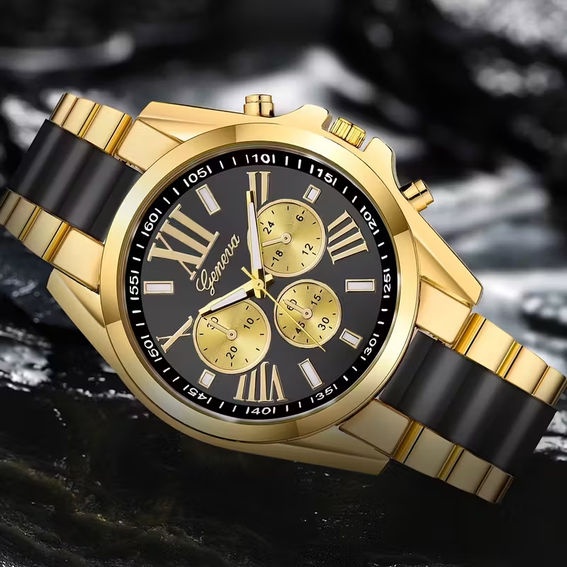 Men Stainless Steel Quartz Dress Watch Black Luxury Roman Numeral Dial ...