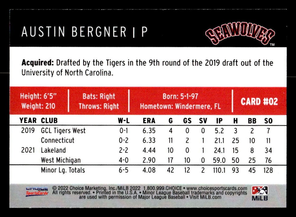 Austin Bergner 2022 Choice Erie Seawolves #02 Erie Seawolves | eBay