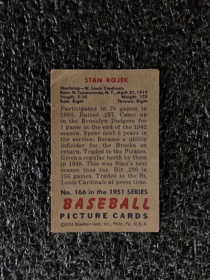 1951 Bowman Baseball #166 Stan Rojek Fair Condition | eBay