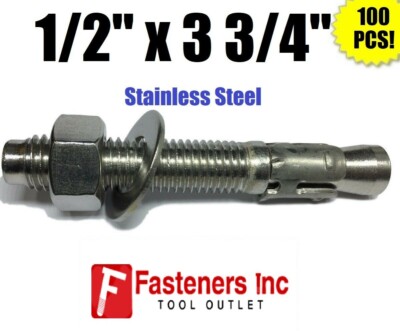 (QTY 100) 1/2" x 3 3/4" Concrete Wedge Anchor Stainless Steel Grade 304 ...