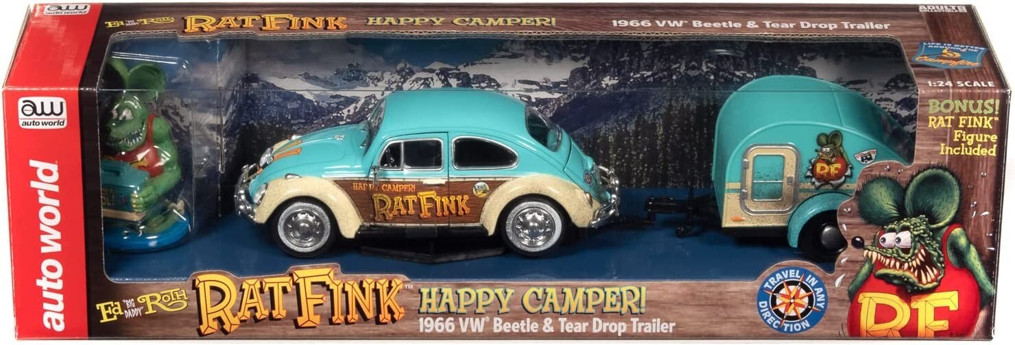 Auto World 1966 VW Beetle w/ Tear Drop Trailer, Rat Fink Figure AW24017 ...