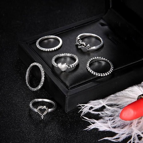 6PCS Silver Plated Vintage Heart Ring Set Fashion Jewelry Rings for Womens | eBay