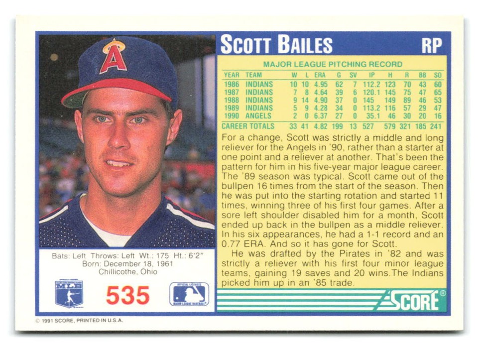 1991 Score Scott Bailes #535 California Angels BASEBALL Card | eBay