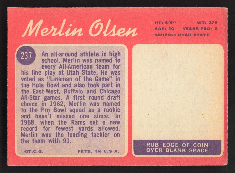 1970 Topps Merlin Olsen #237 - Los Angeles Rams - Vintage HOF GD | eBay