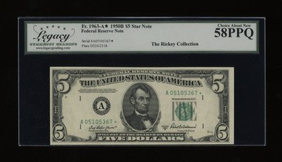 DBR 1950-B $5 FRN Boston STAR Fr. 1963-A* Legacy 58 PPQ Serial ...