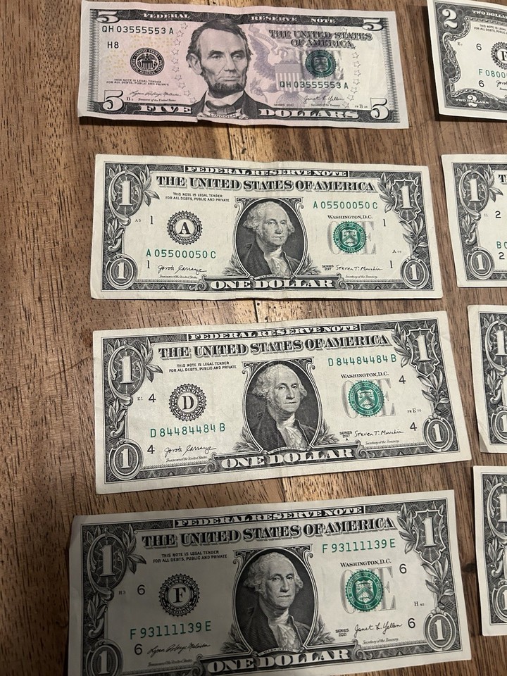 Fancy Serial Number Bill lot $5 $2 $1 Lot Of 8 Bills Binary, Radar ...