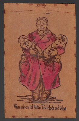 Teddy Roosevelt Cartoon Leather Postcard #4 Man w/4 Babies Take Teddy's ...