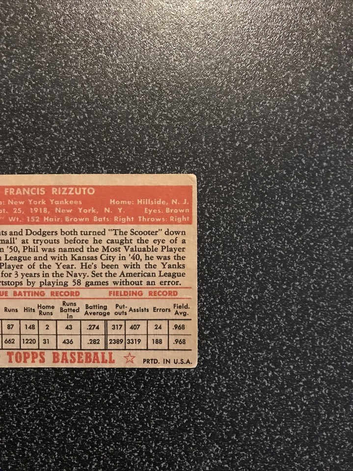 PHIL RIZZUTO 1952 Topps Baseball BLACK BACK CARD#11 NEW YORK YANKEES | eBay