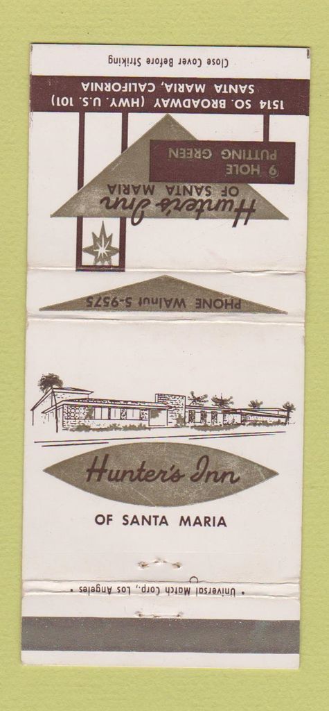 Matchbook Cover - Hunter's Inn Santa Maria CA WEAR 30 Strike | eBay