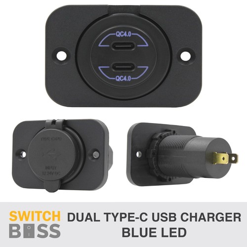 DUAL USB C Type-C Charger BLUE LED Flush Mount Panel Round 12v Power ...