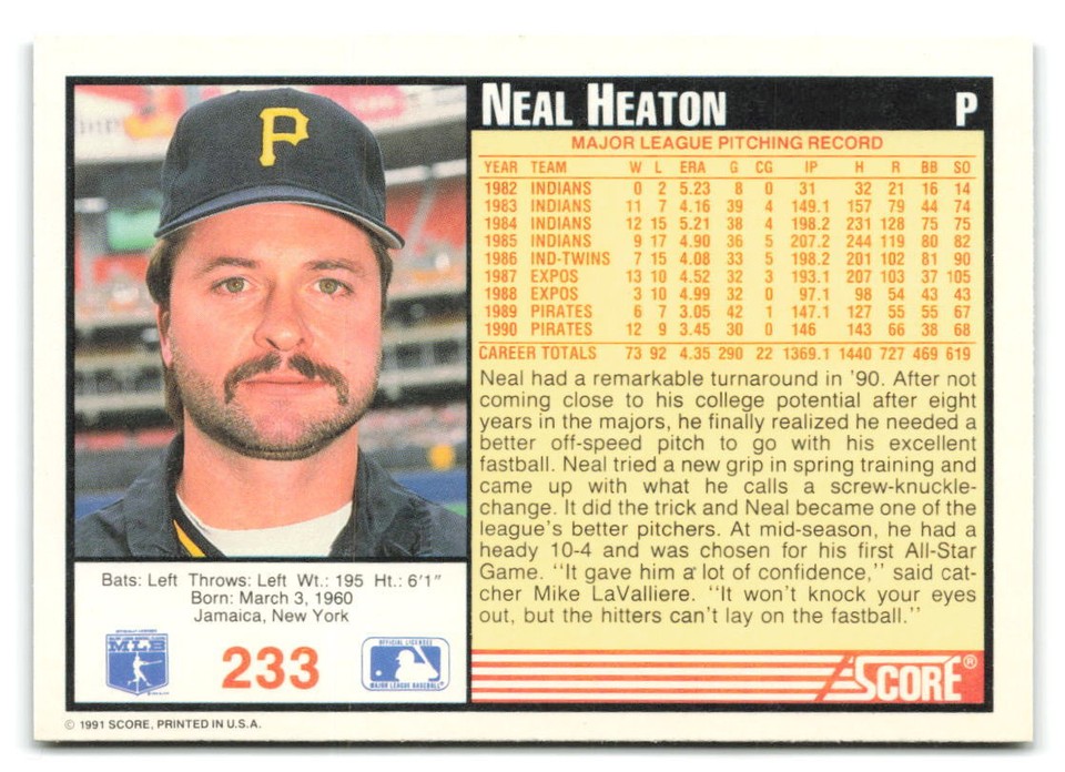 1991 Score Neal Heaton #233 Pittsburgh Pirates BASEBALL Card | eBay