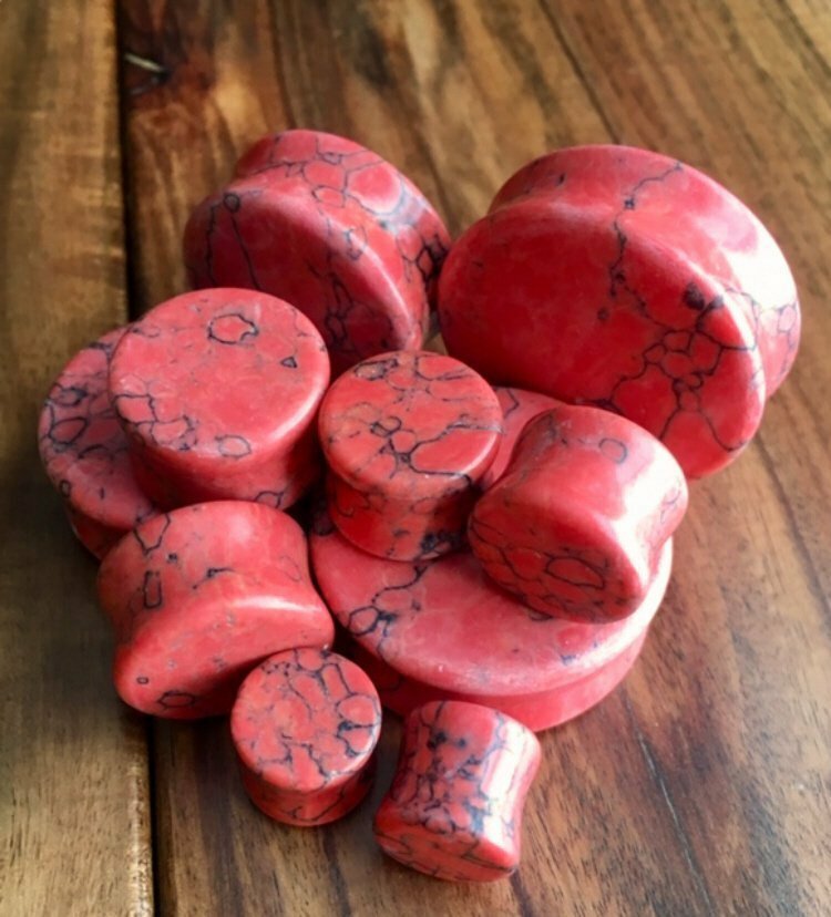 PAIR Red Turquoise Stone Plugs Gauges Earlets Tunnels - up to 38mm ...