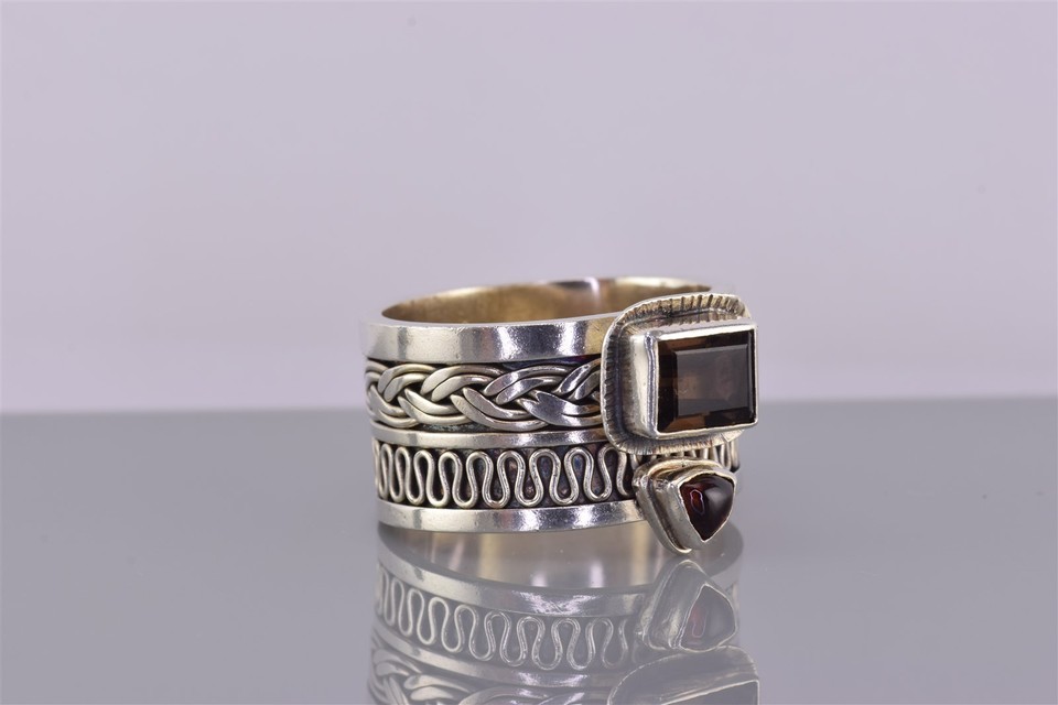 Sabai Sterling Silver Smoky Quartz Garnet Bali Carved Cuff Band Ring ...
