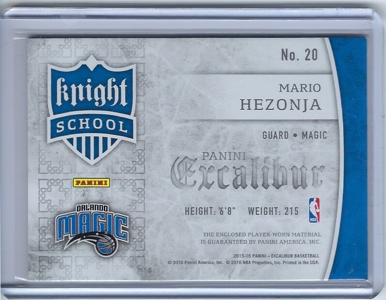 2015-16+Panini+Excalibur+-+Knight+School+Jerseys+%2320+Mario+Hezonja+ ...