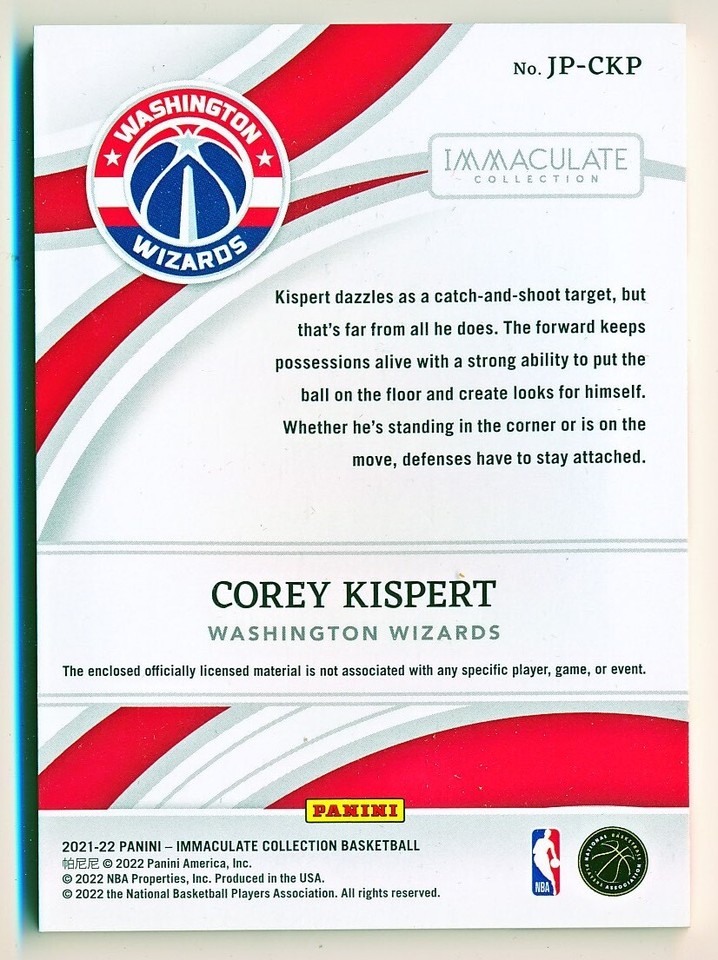 2021-22 Immaculate Corey Kispert Jersey Number Jumbo Patch Rc #JP-CKP ...