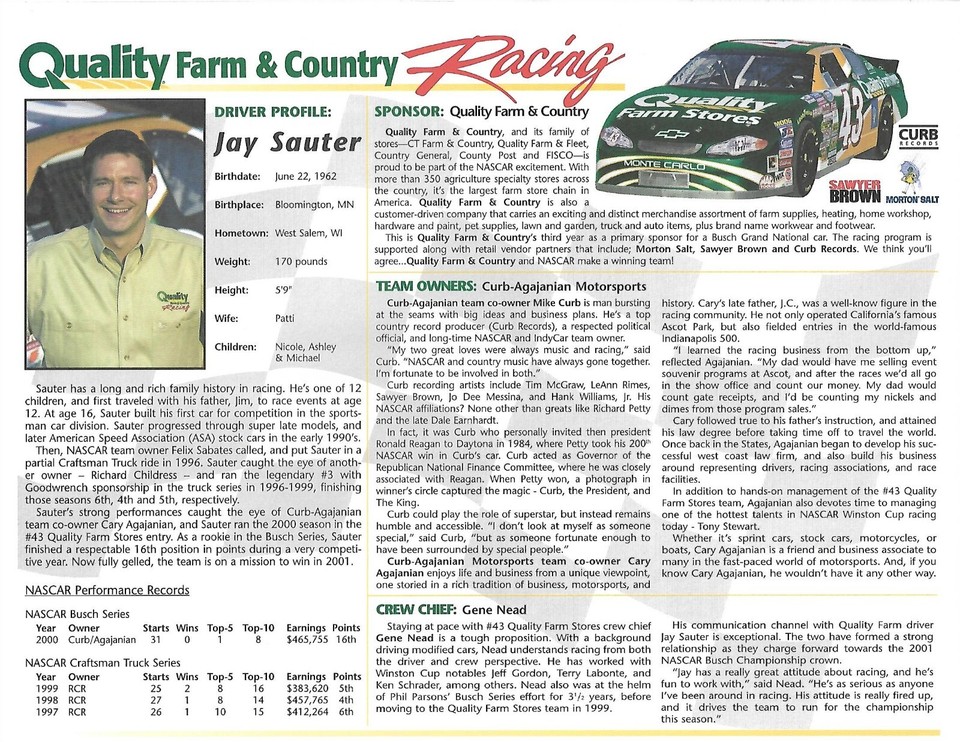 Jay Sauter 2001 NASCAR Quality Farm and Country Racing Hero Card Front ...