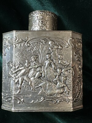 GERMANY 1800th SILVER .800 TEA CADDY Box Scenes of Courtly Merriment ...