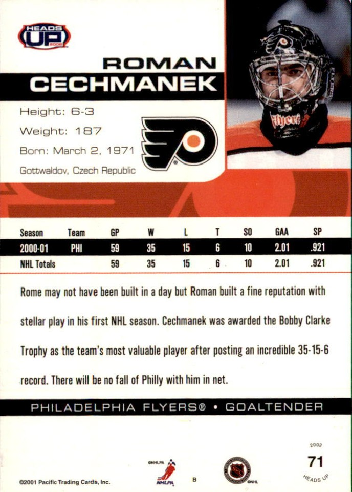 Roman Cechmanek Signed Autograph 01/02 Pacific Heads Up card ...