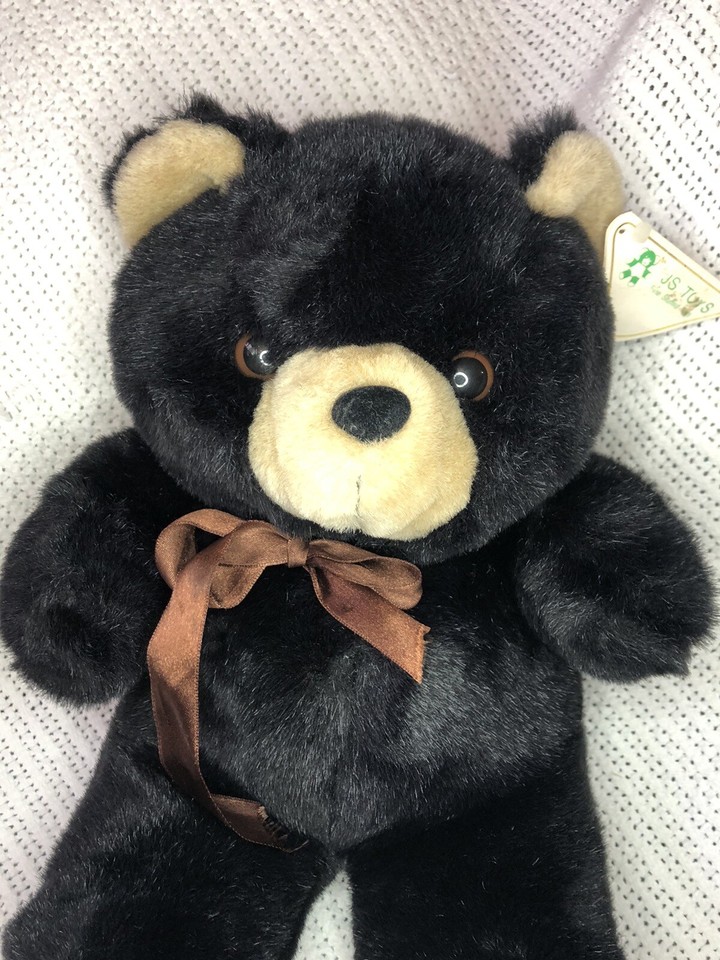 JS Toys Black Bear Stuffed Animal Plush With Tag 10 Inch Brown Neck Bow ...