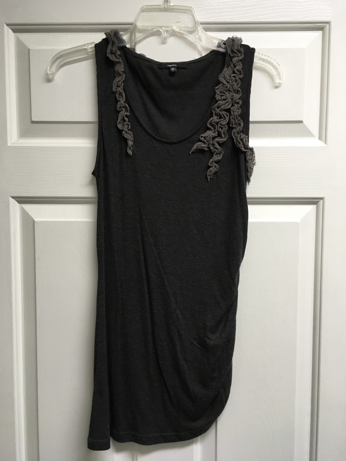 Mystree Dark Gray Ribbed Sleeveless Tank Top Shirt Taupe Ruffle Detail ...